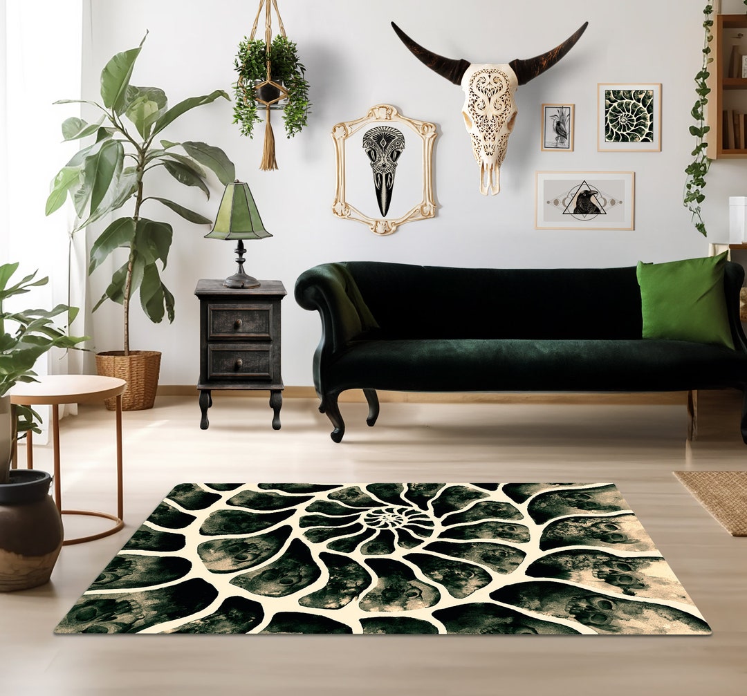 Gothic Ammonite Rug, Spooky Spiral Skull Fossil Watercolor Living Room ...