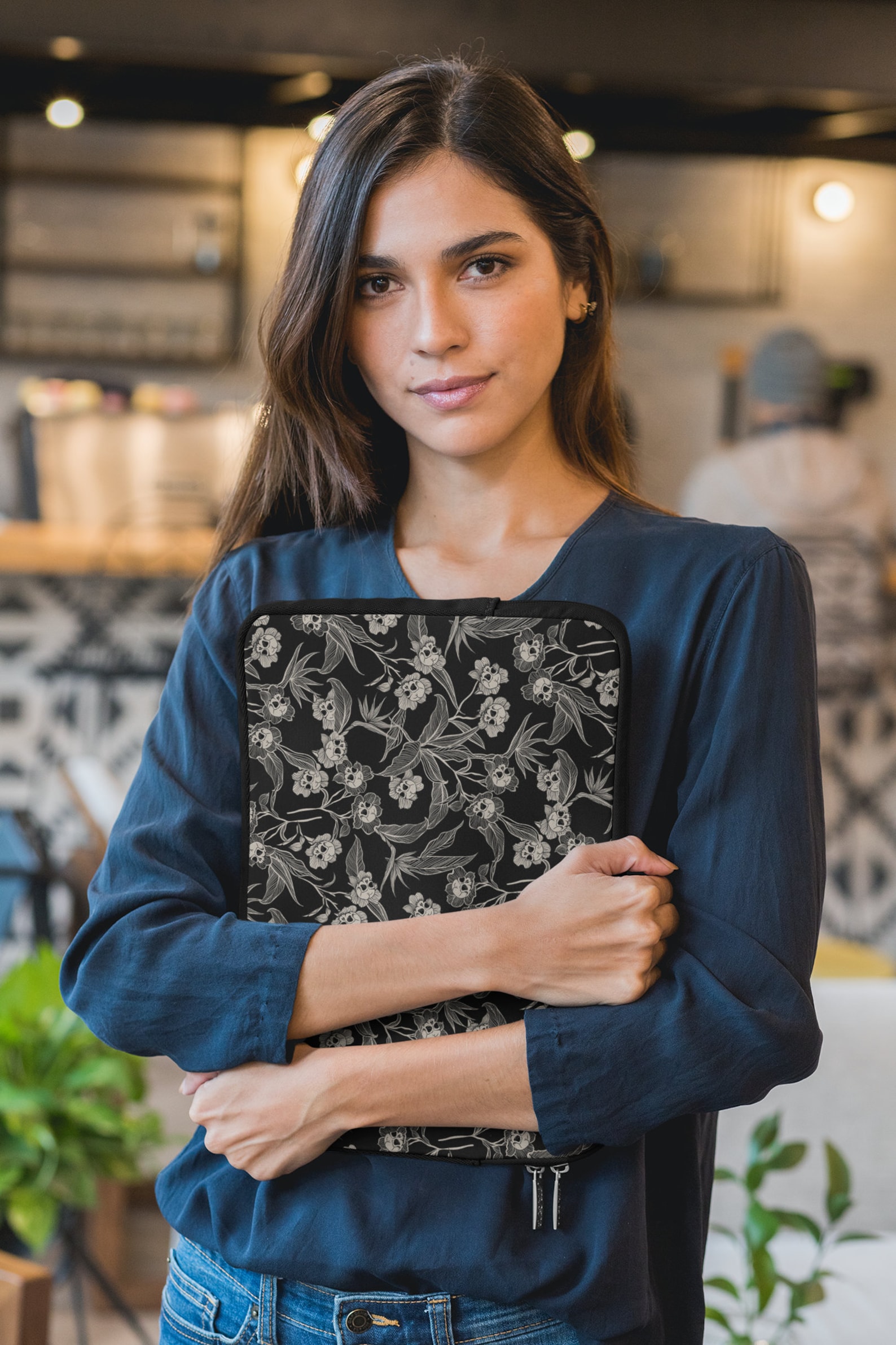 Gothic Floral Laptop Sleeve, Spooky Tiki Skull Flower Protective Tablet ...