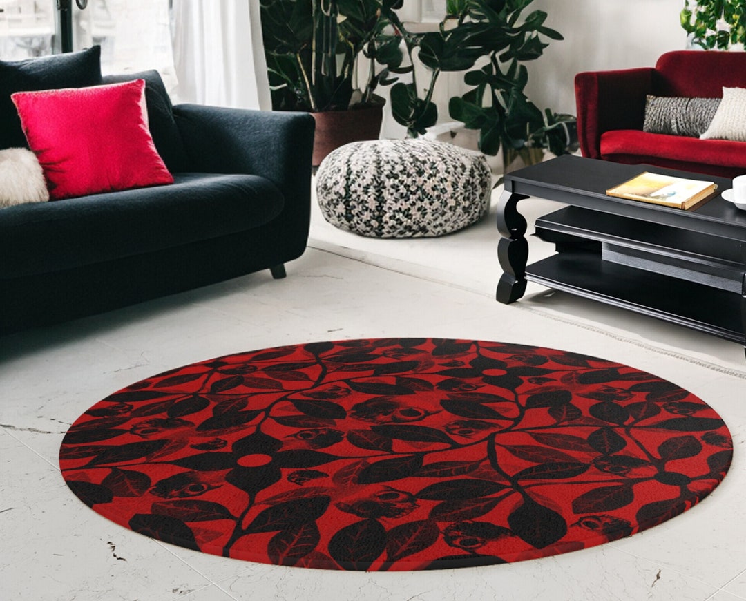 Red Watercolor Skull Rug, Round Gothic Macabre Botanical Watercolor ...
