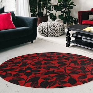 Red Watercolor Skull Rug, Round Gothic Macabre Botanical Watercolor ...