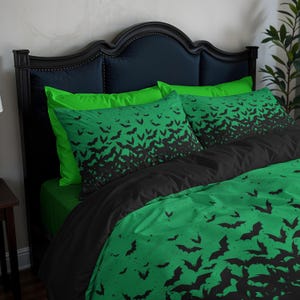 Green Bat Bedding Set, Spooky Neon Goth Duvet Cover & 2 Pillowcases ...