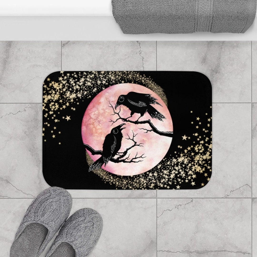 Raven Moon Bath Mat, Gothic Bird Silhouette Blood Moon Bathroom Decor ...