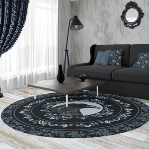 Round Gothic Raven Rug, Black & Blue Witchy Crowcore Decorative Accent ...