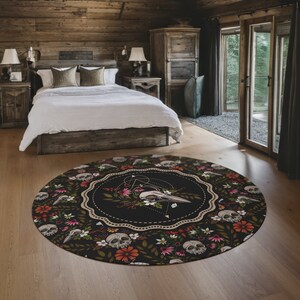 Dark Cottagecore Rug - Gothic Round Area Carpet With Macabre Floral ...