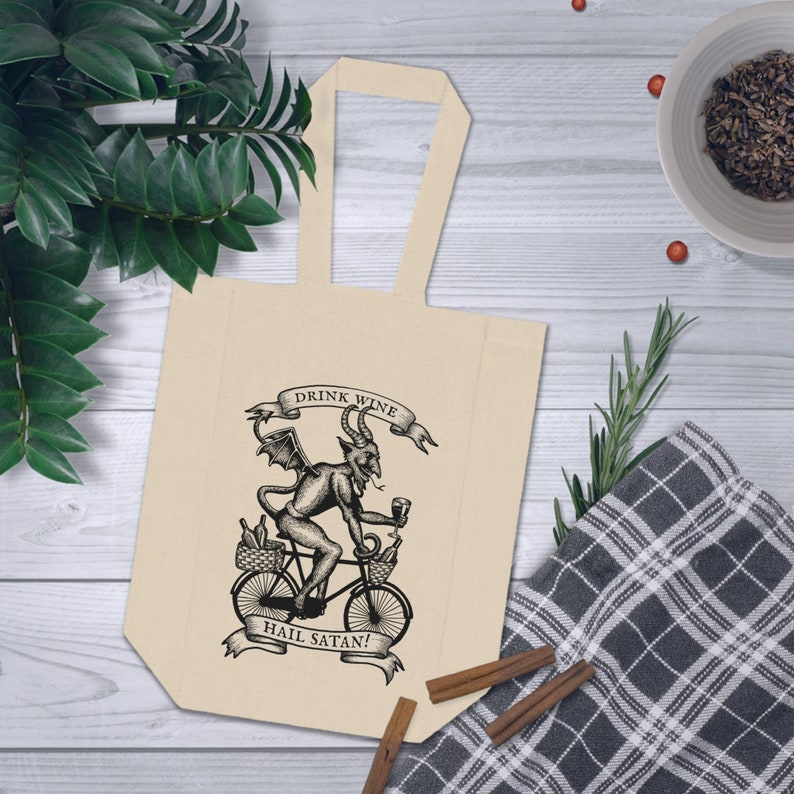 Satanic Wine Tote - Double Canvas 'drink Wine, Hail Satan' Devil on a ...