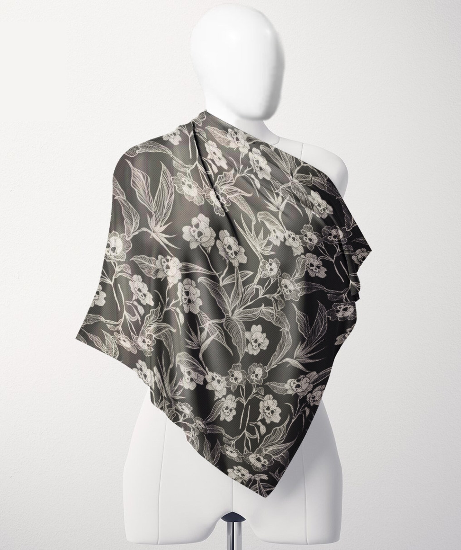 Gothic Floral Sheer Scarf, Elegant Spooky Tiki Skull Flower Poly Voile ...