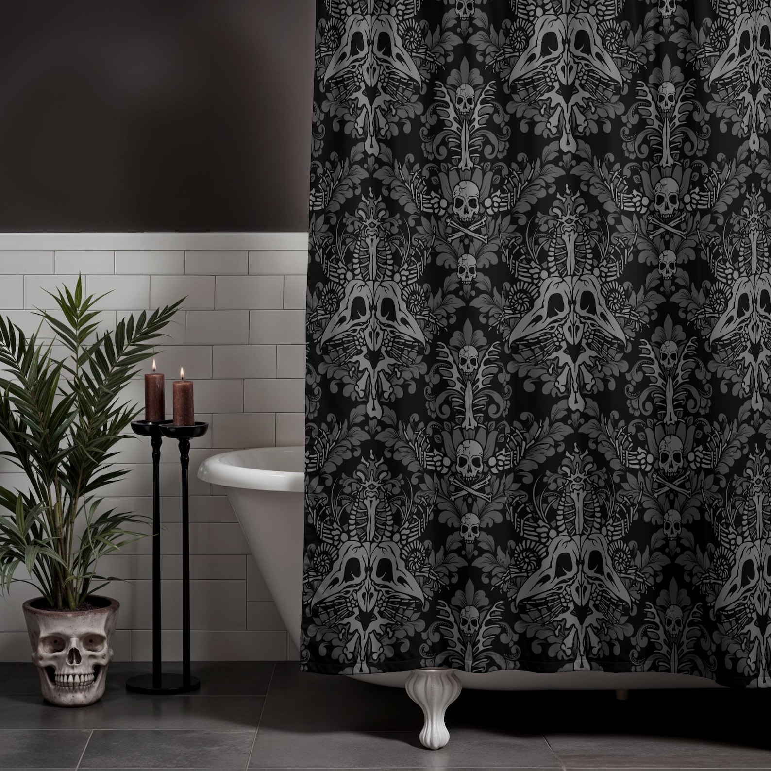 Macabre Victorian Shower Curtain, Damask Bones Goth Skull Bath Curtain ...