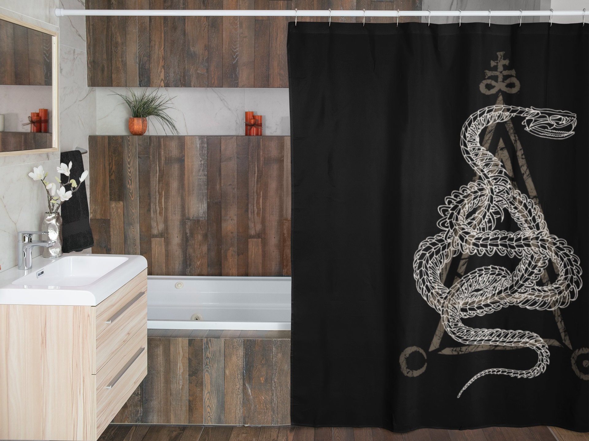 Occult Shower Curtain. Serpent Skeleton & Satanic Symbols | Etsy