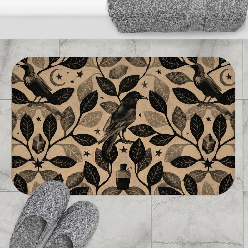 Witchy Raven Bath Mat, Watercolor Botanical Shower Rug Decor W Magick ...