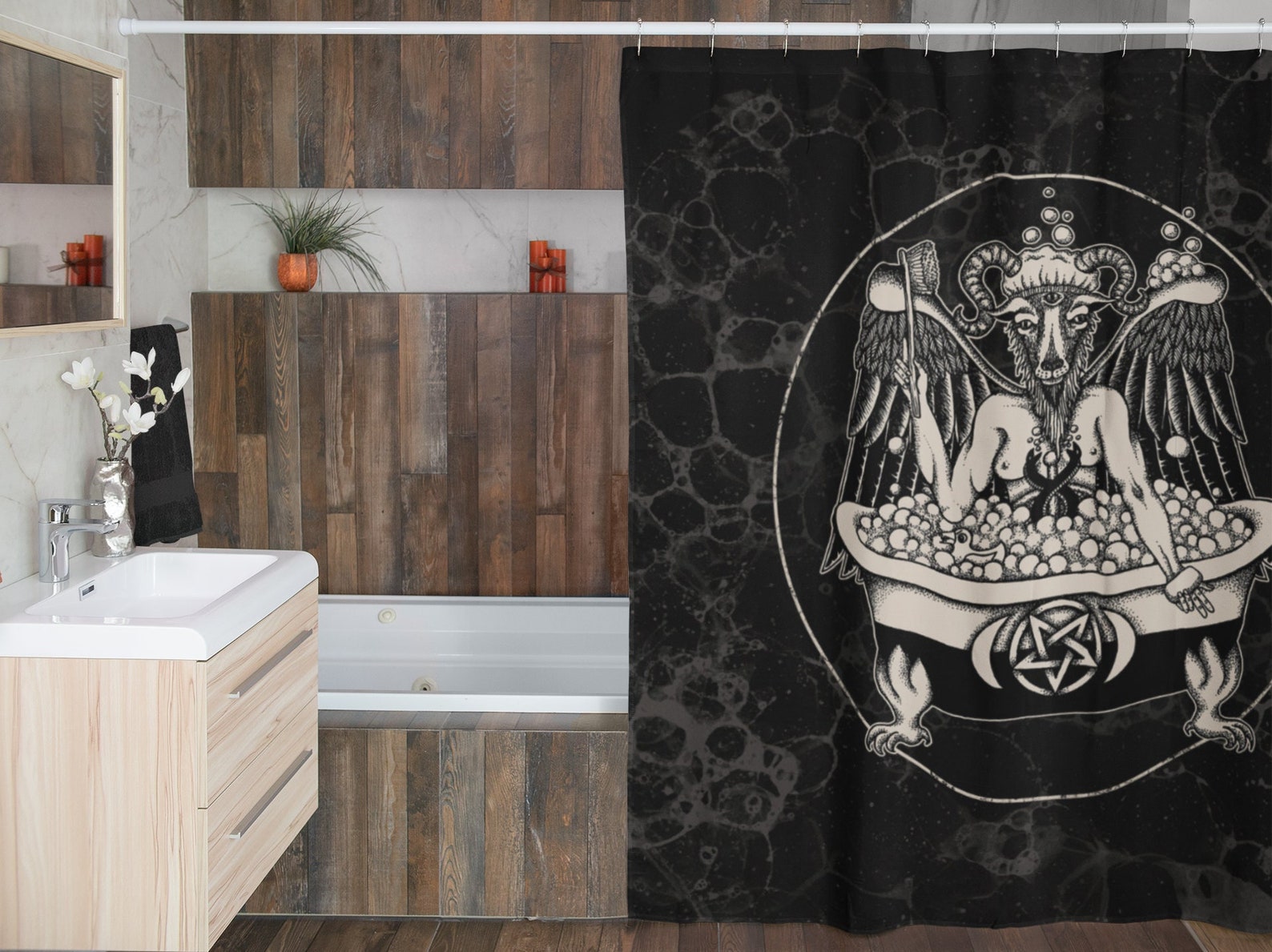 Bathomet Shower Curtain Funny Satanic Pun Bathroom Decor, Occult Humor ...