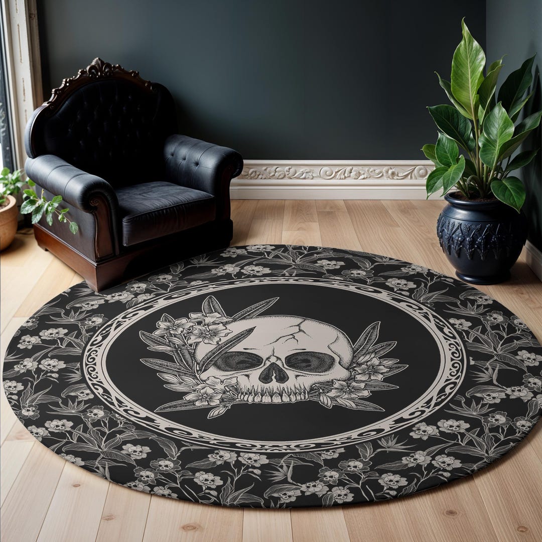 Gothic Floral Skull Rug - 60x60 Inch Round Accent Carpet W/ Oleander ...