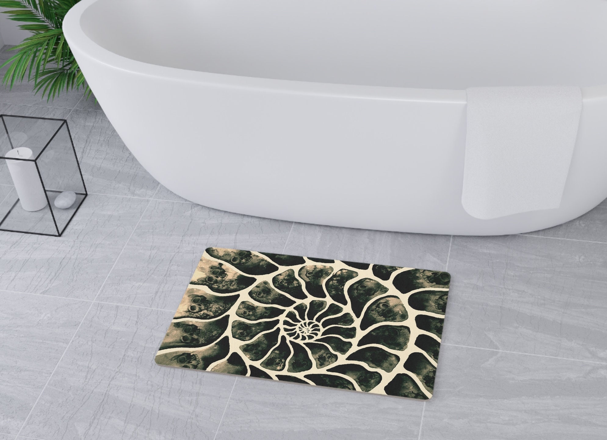 Ammonite Skull Bath Mat, Spooky Goth Seashell Fossil Memory Foam Shower ...