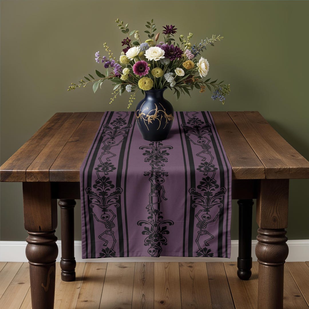 Dancing Skeleton Table Runner, Dusty Rose Pink Spooky Baroque Dining ...