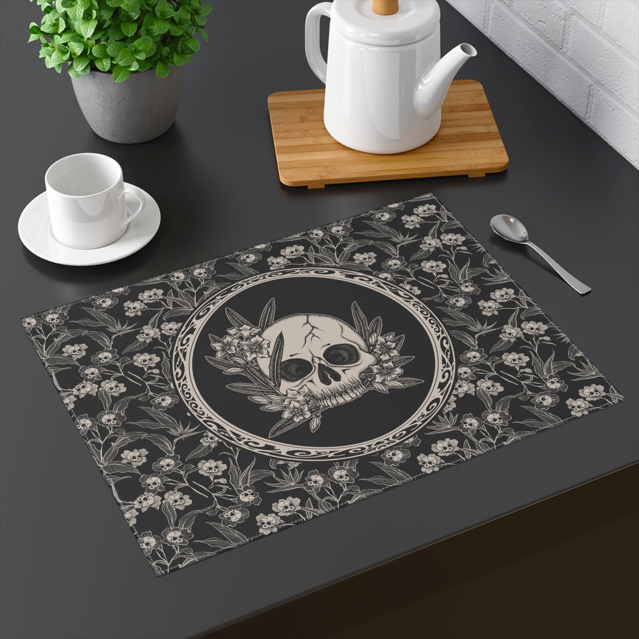Gothic Floral Placemat, Spooky Tiki Skull & Flower Cloth Table Place ...