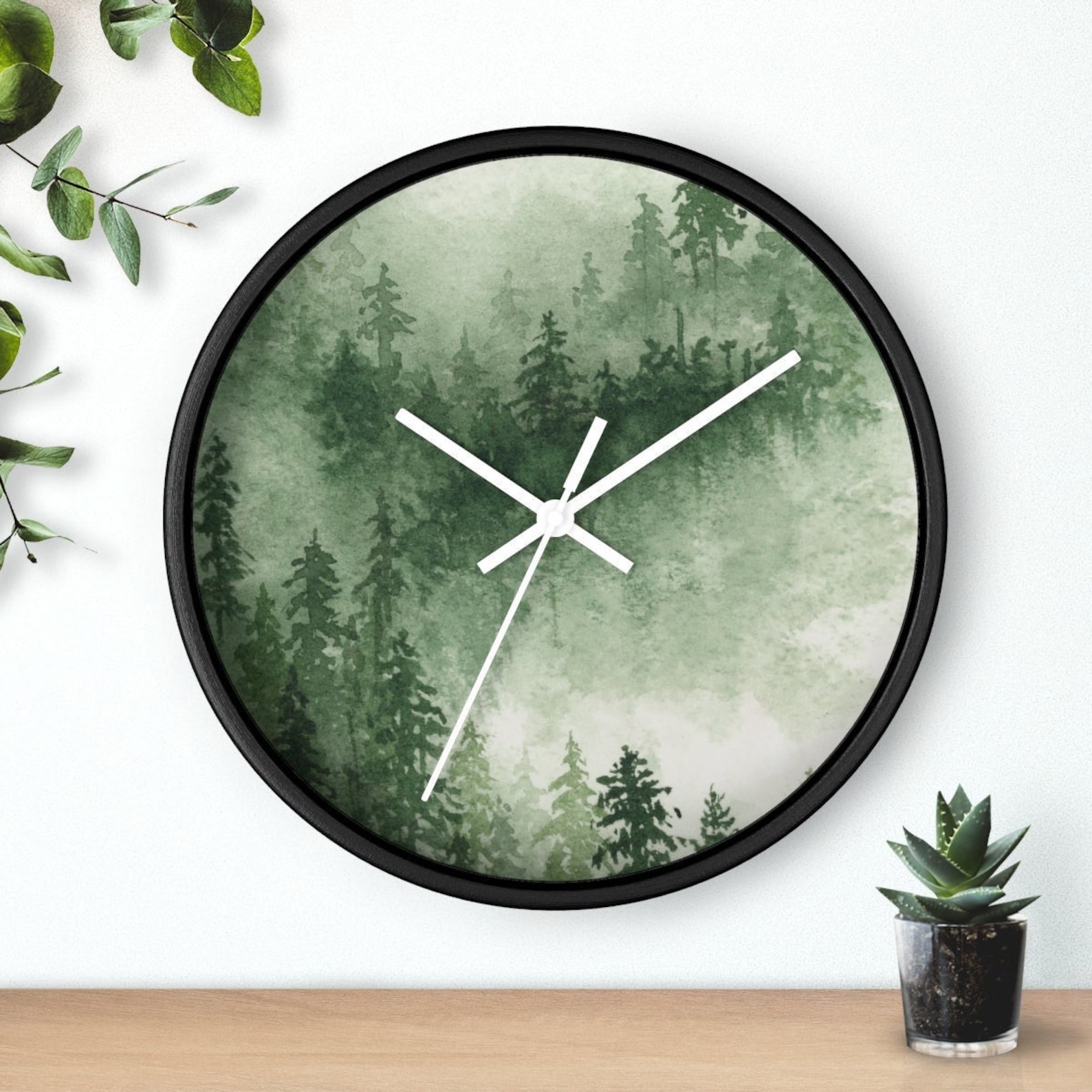 Misty Mountain Clock. Foggy Pine Forest Watercolor Wall Clock. - Etsy