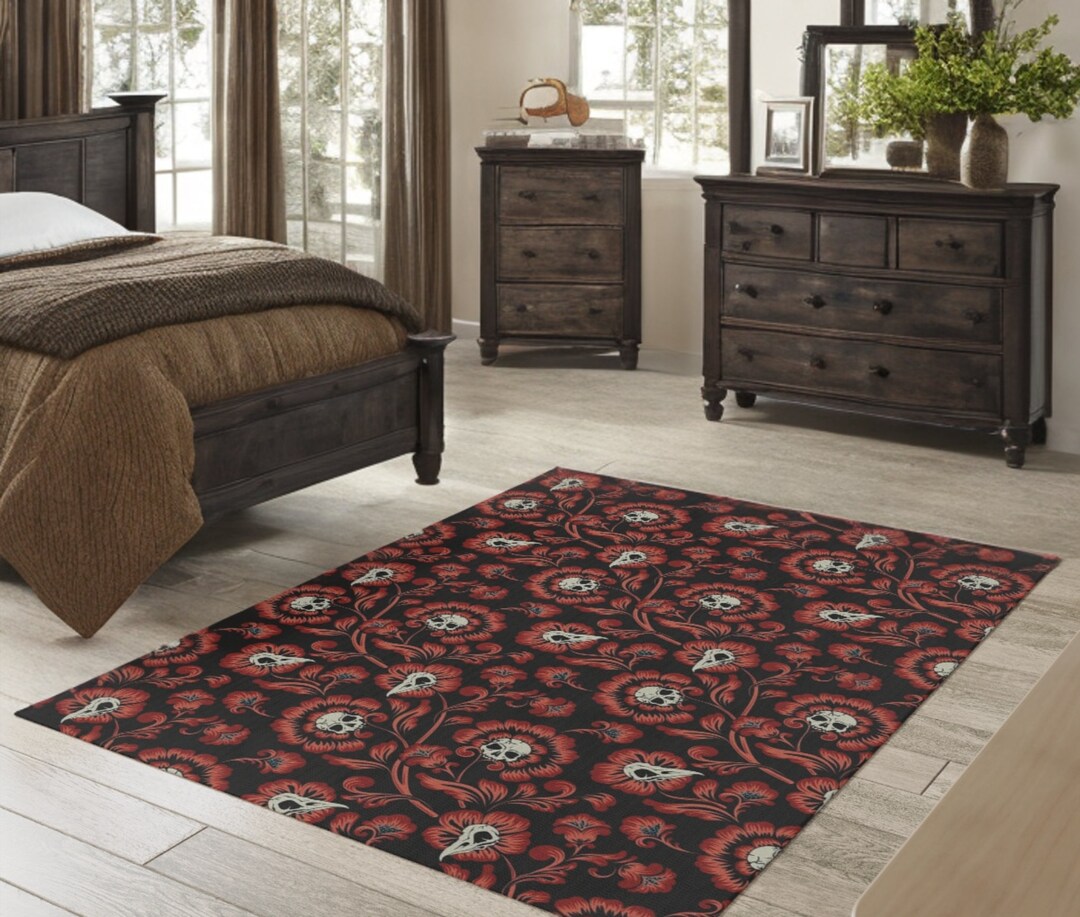 Goth Victorian Skull Rug, Red Gothic Floral Accent Carpet, Occult ...