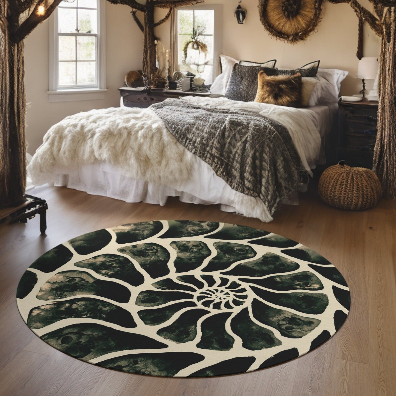 Gothic Ammonite Rug, Spooky Skull Spiral Fossil Round Watercolor Area ...