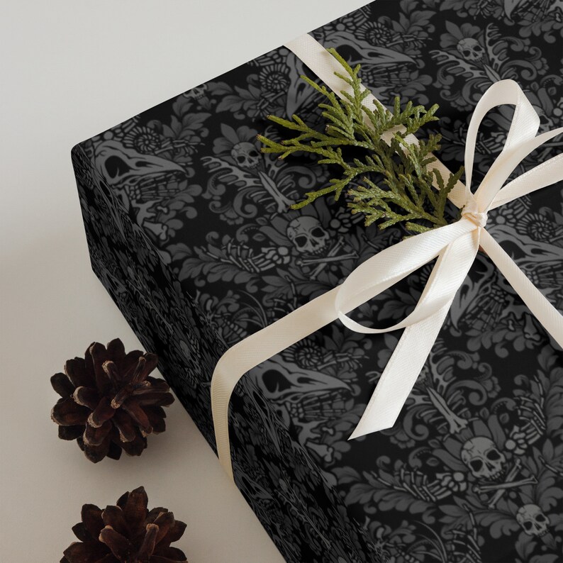Dark Gothic Wrapping Paper, Spooky Macabre Victorian Skull Flower ...