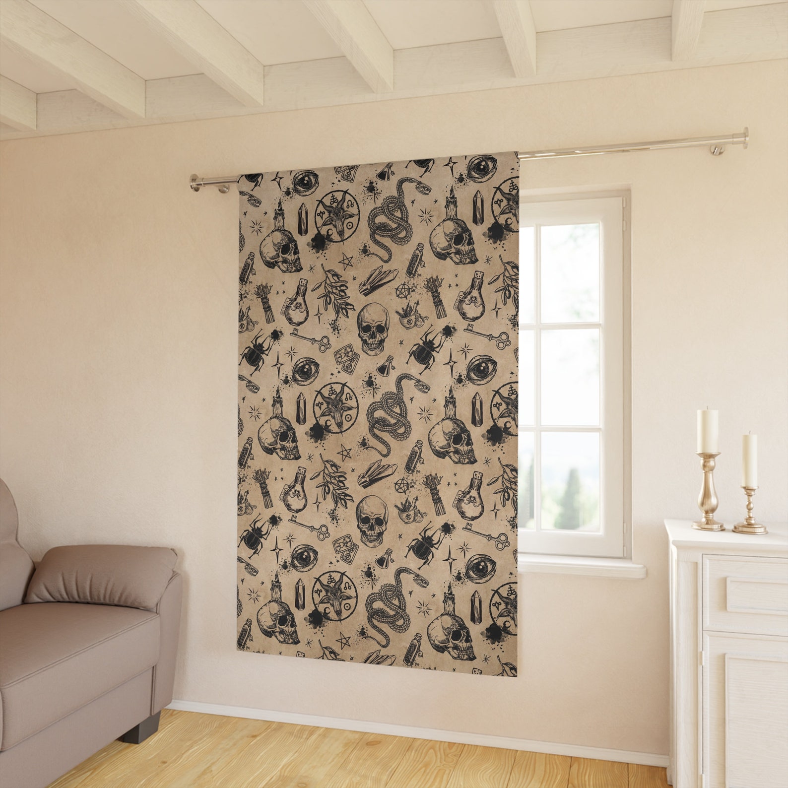 Occult Window Curtain, Beige Drapes W/ Esoteric Symbols, Skeletons, and ...