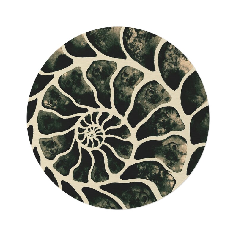 Gothic Ammonite Rug, Spooky Skull Spiral Fossil Round Watercolor Area ...