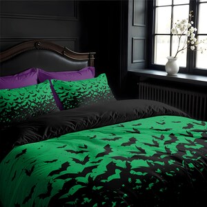 Green Bat Bedding Set, Spooky Neon Goth Duvet Cover & 2 Pillowcases ...