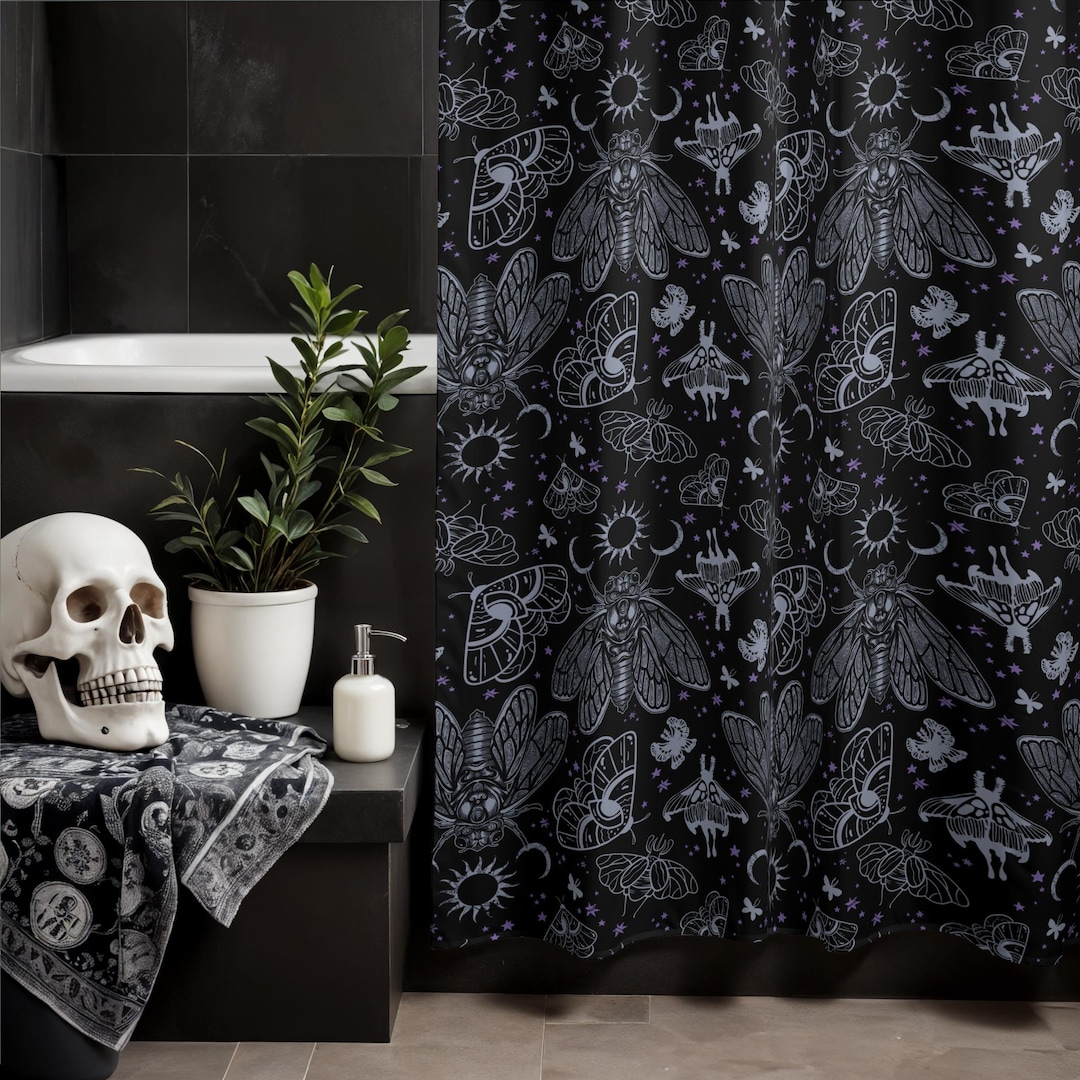Cicada Shower Curtain, Occult Witchy Scarab Beetle & Moth Gothic Bath ...