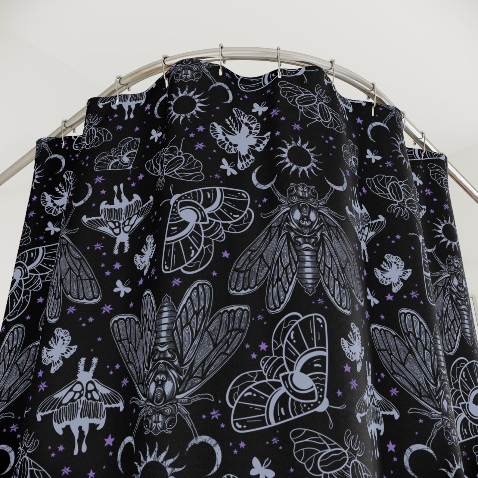Cicada Shower Curtain, Occult Witchy Scarab Beetle & Moth Gothic Bath ...