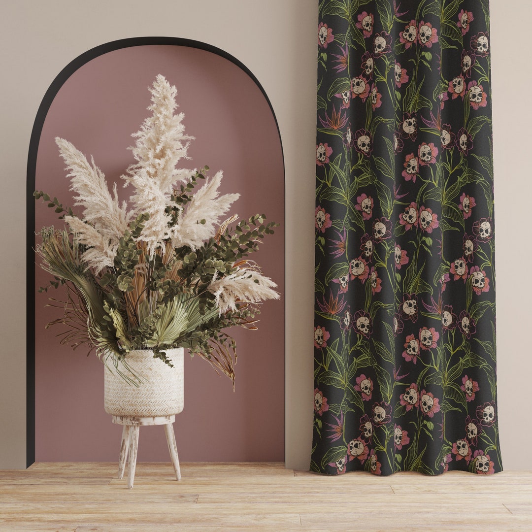 Bones & Botany Curtain, Elegant Macabre Skull Window Curtains W/ Gothic ...