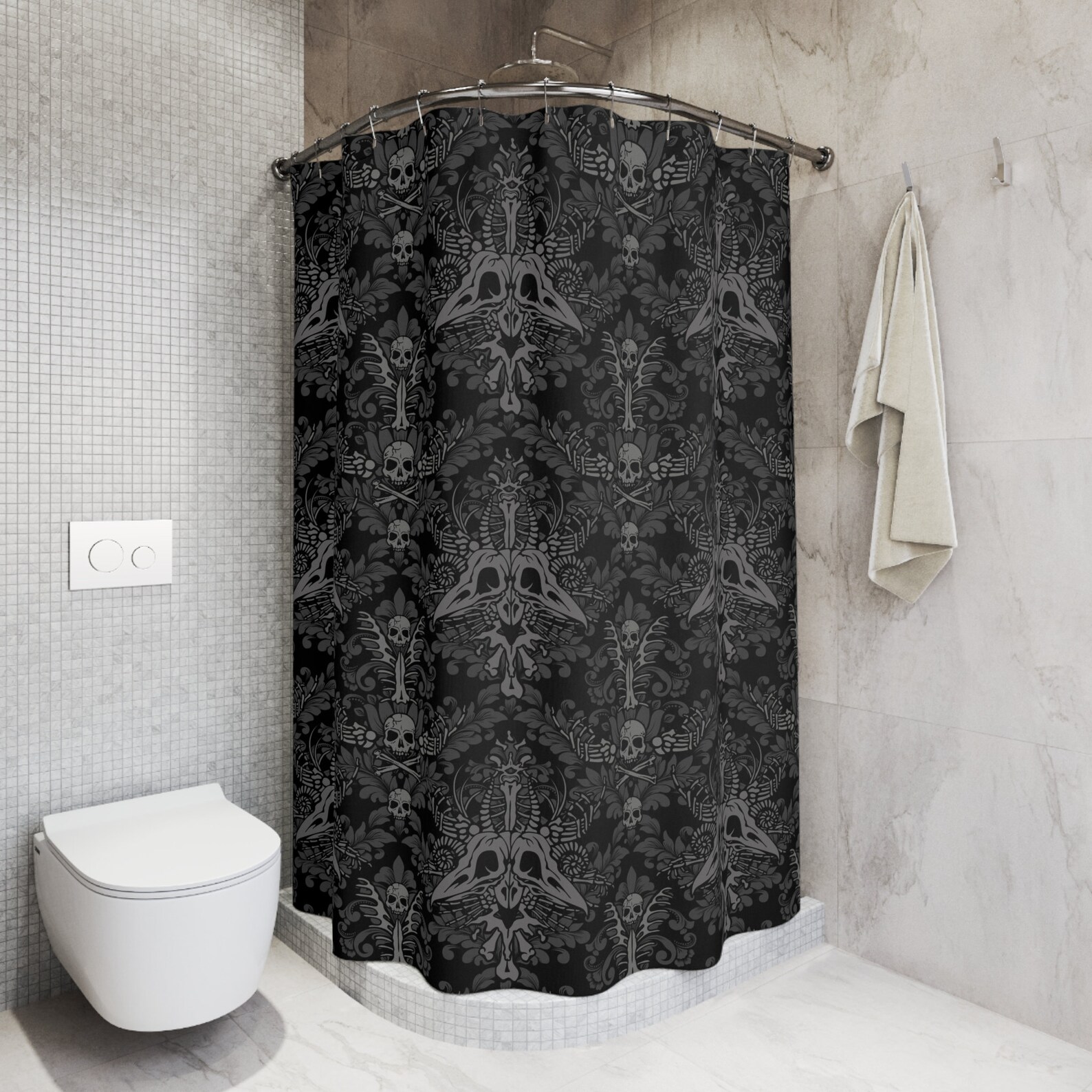 Macabre Victorian Shower Curtain, Damask Bones Goth Skull Bath Curtain ...