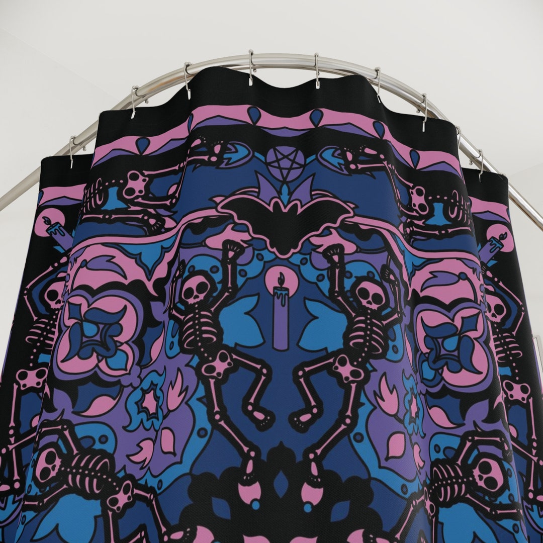 Pink Dancing Skeleton Shower Curtain, Spooky Goth Vaporwave Bath Accent ...