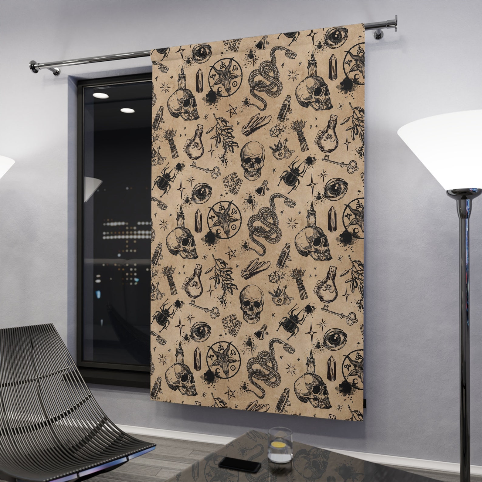 Occult Window Curtain, Beige Drapes W/ Esoteric Symbols, Skeletons, and ...