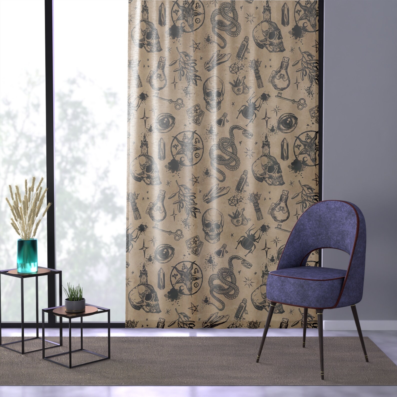 Occult Window Curtain, Beige Drapes W/ Esoteric Symbols, Skeletons, and ...