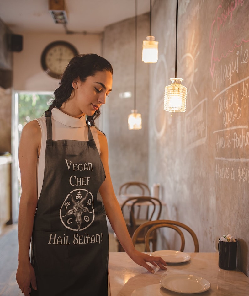 Hail Seitan Apron. Funny Vegan Chef Gift. Baphomet Satanic Kitchenware ...