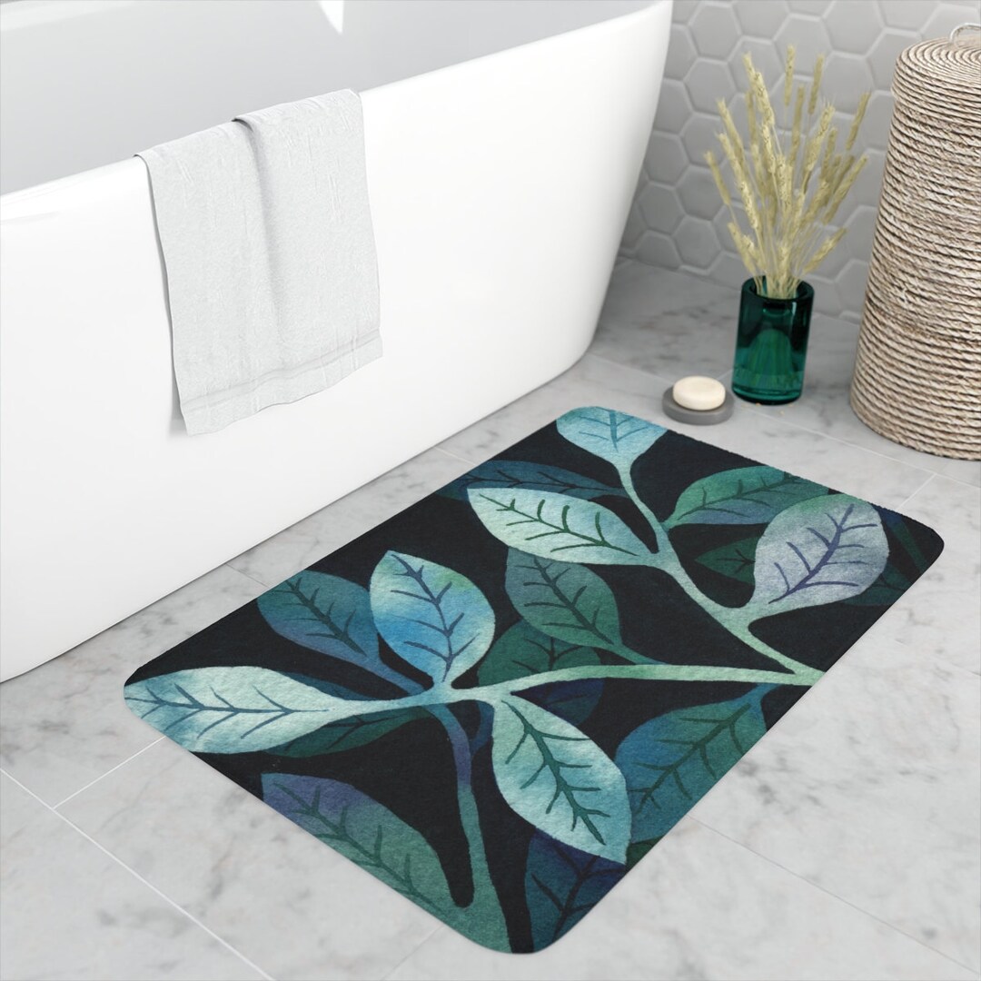 Teal Botanical Bathmat, Watercolor Leaves Non-slip Bathroom Decor, Blue ...