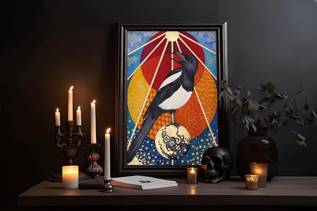 Whimsigoth Magpie Poster, Maximalist Celestial Bird Painting Fine Art Print W/ Funky Patterns ...