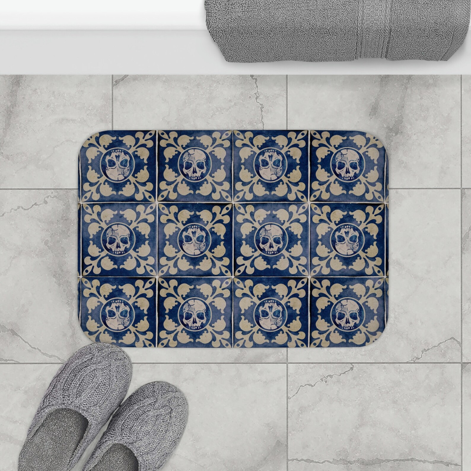 Moorish Skull Bathmat Spooky Gothic Blue and Cream Tile Pattern Shower ...