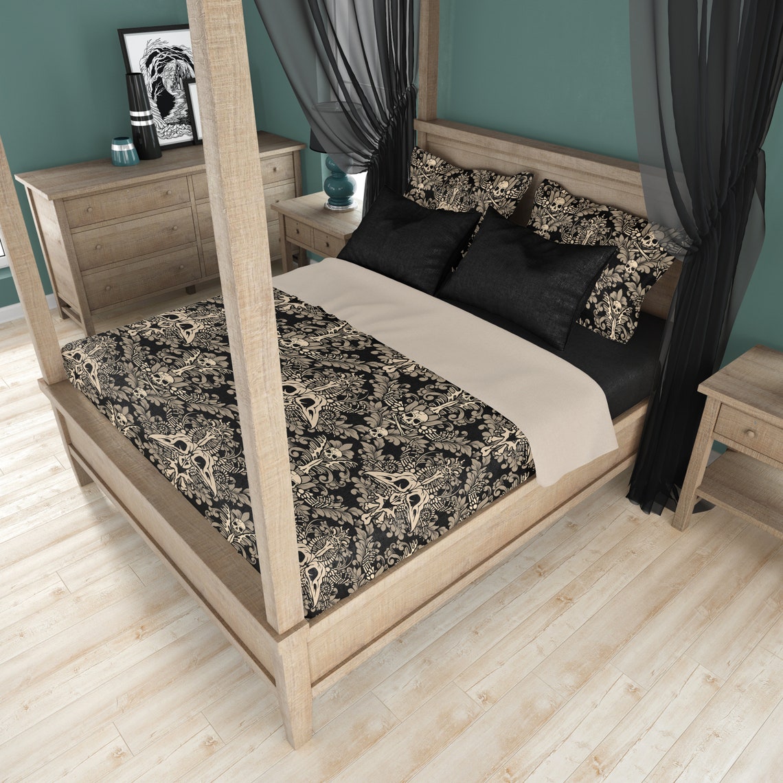 Damask Bones Bedding, Macabre Victorian Goth Skull Duvet Cover & Pillow ...