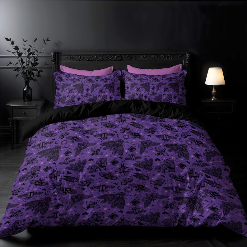 Purple Moth Bedding, Witchy Gothic Cicada Duvet Cover + Pillowcase Set ...