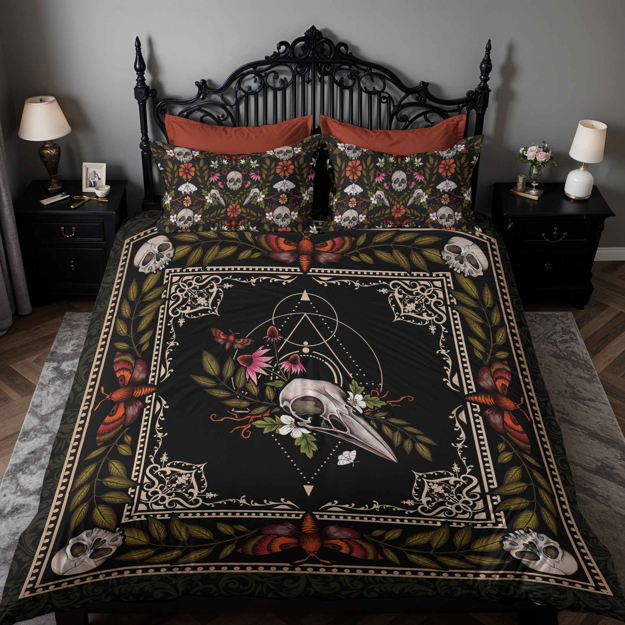 Dark Cottagecore Duvet Cover, Witchy Gothic Floral Queen Bedding W ...