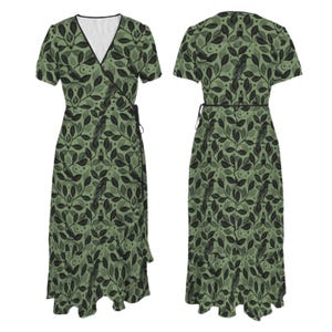 Green Raven Wrap Dress, Witchy Botanical Casual Maxi-dress W/ Occult ...