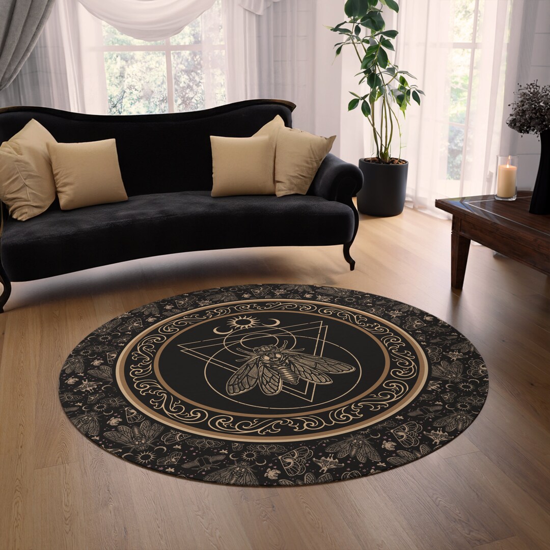 Round Witchy Cicada Rug, Circular Occult Moth Area Carpet W Gothic ...