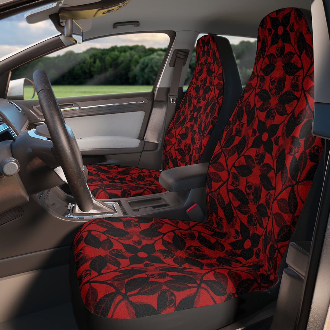 Red Skull Car Seat Covers, Macabre Gothic Watercolor Botanical Print ...