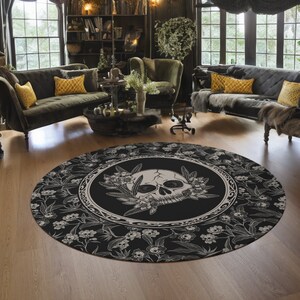 Gothic Floral Skull Rug 60x60 Inch Round Accent Carpet W/ Oleander and ...