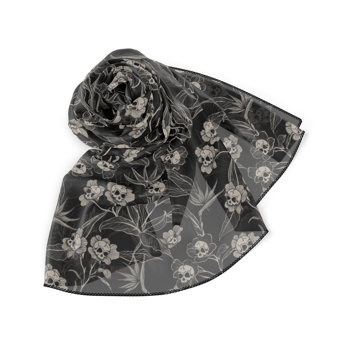Gothic Floral Sheer Scarf, Elegant Spooky Tiki Skull Flower Poly Voile ...