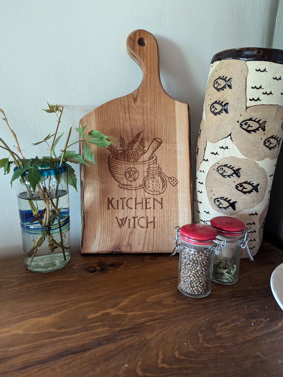 Kitchen Witch Cutting Board, Rustic Cherry Wood Engraved Serving Board ...