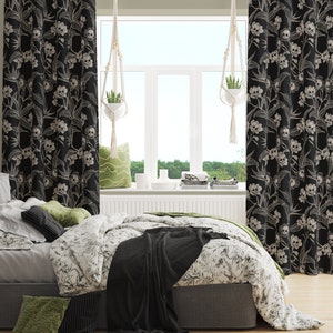 Gothic Floral Curtain, Elegant Macabre Skull Flowers Window Curtains in ...