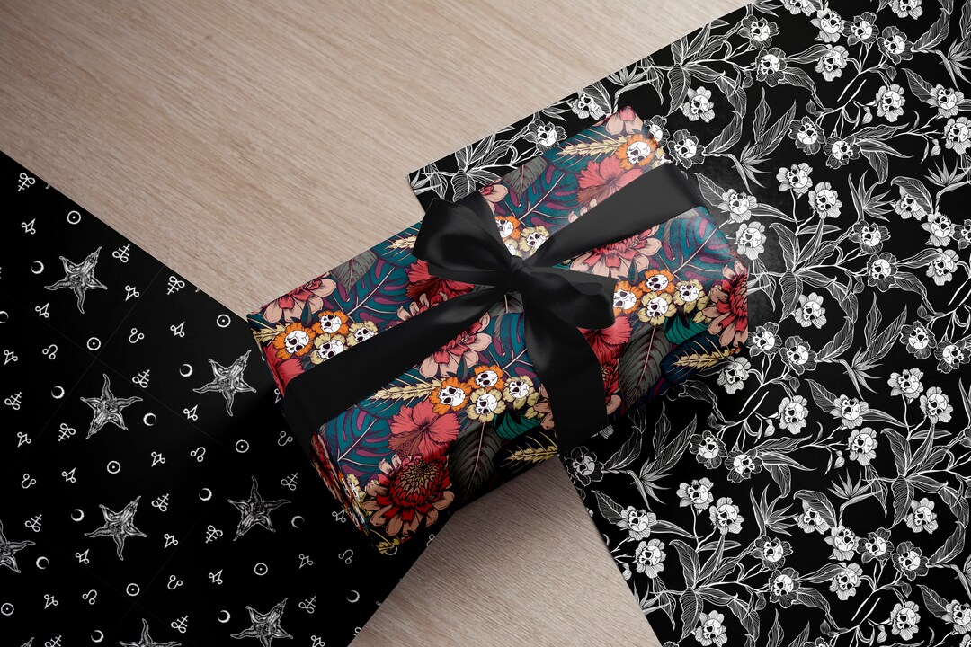 Gothic Floral Wrapping Paper Sheet Pack, Elegantly Spooky Tiki Skull ...