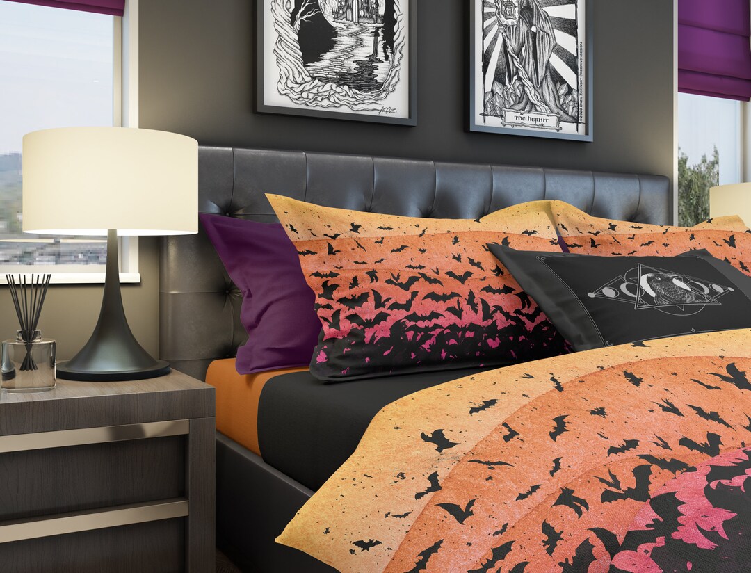 Sunset Bat Bedding - Vibrant Flying Bats W/ Colorful Goth Sky - Duvet ...