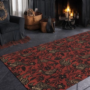 Fall Skeleton Area Rug, Macabre Linocut Botanical Folk Art Indoor ...