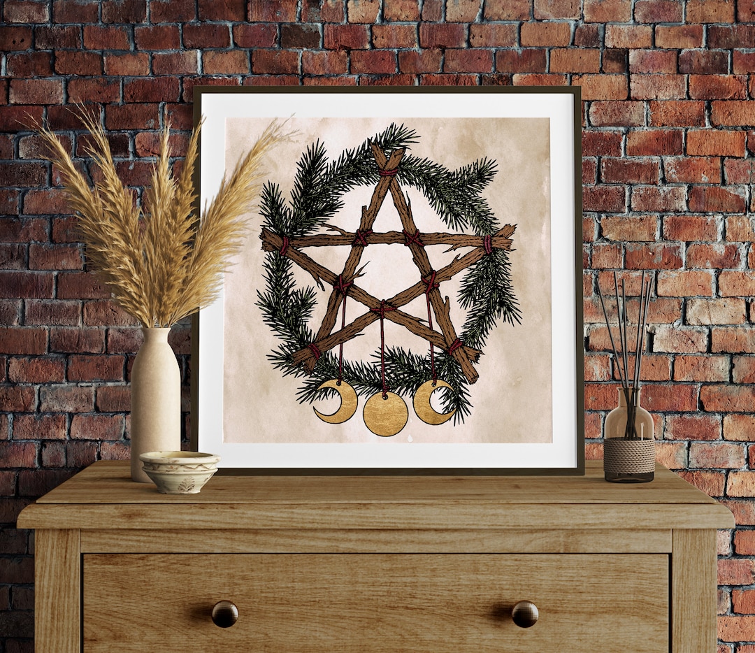 Yule Wreath Wall Art, Witchy Pentagram Winter Solstice Textured ...